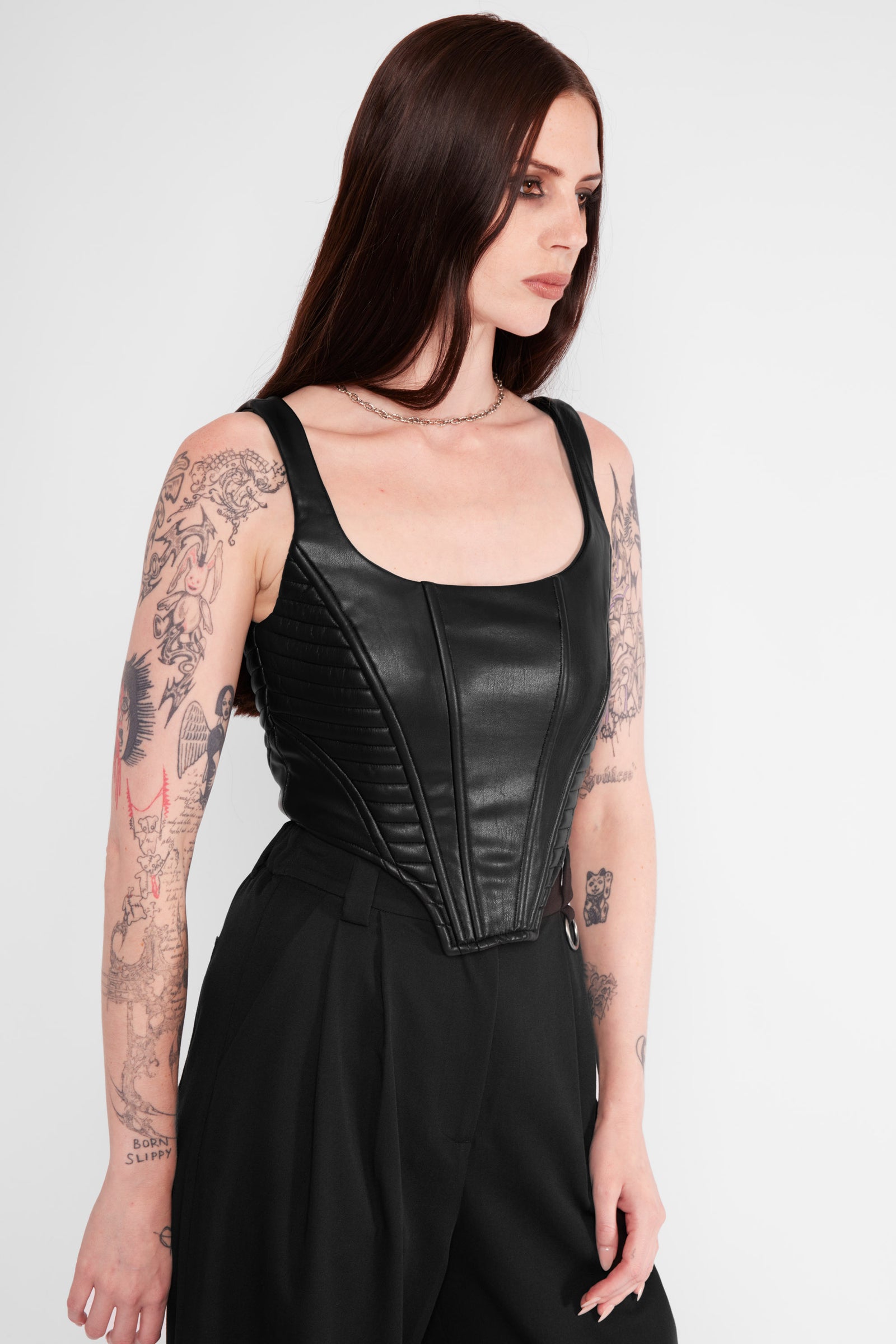 Mary Wyatt London - Doro Faux Leather Moto Corset Top