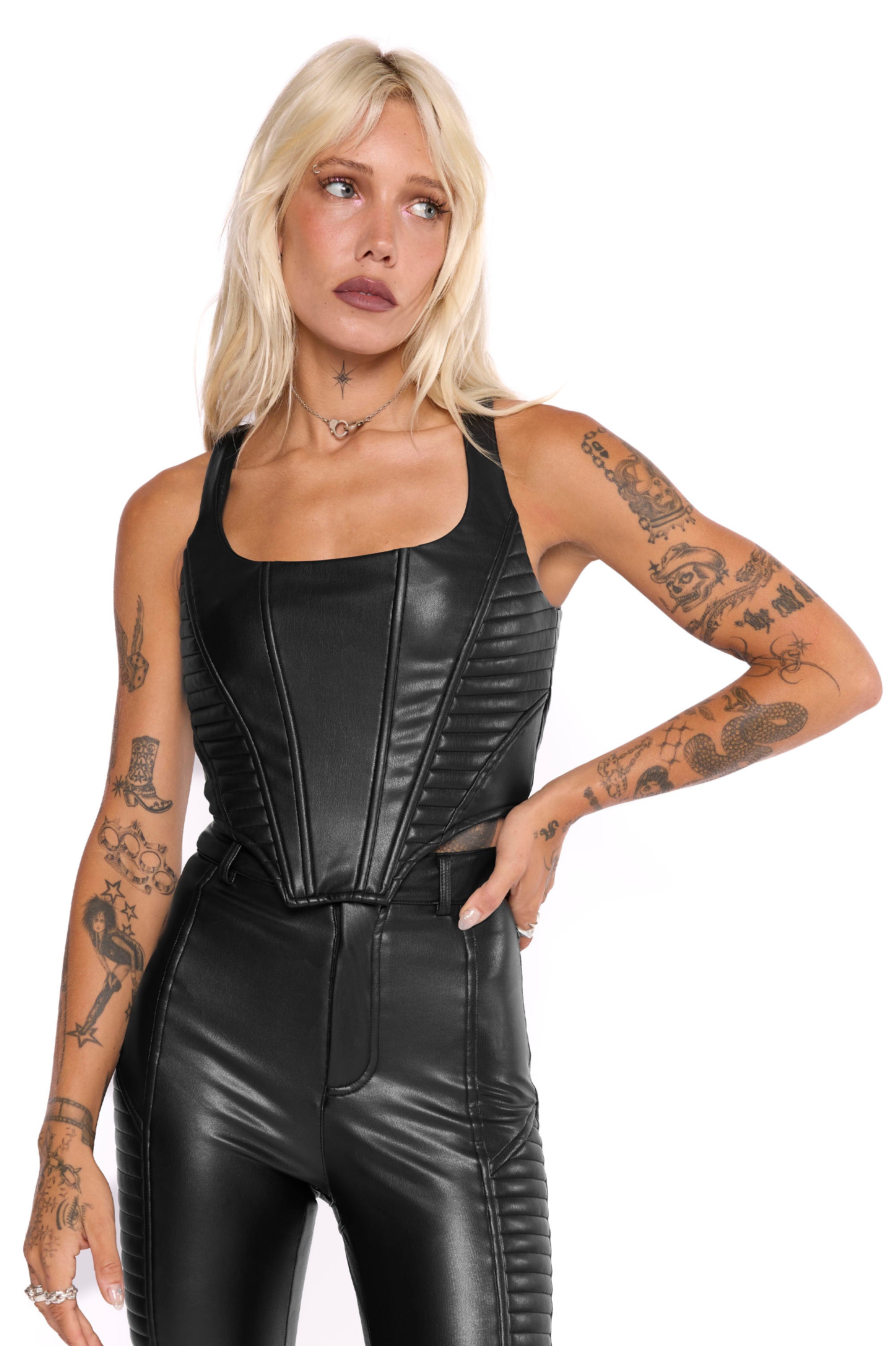 Mary Wyatt London - Doro Faux Leather Moto Corset Top